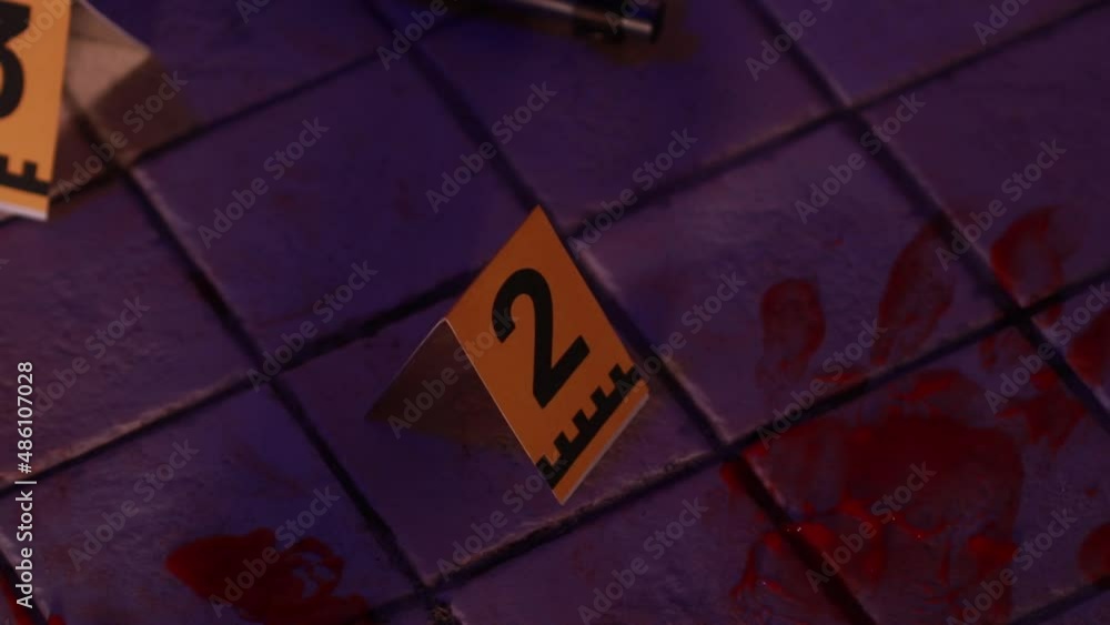 A crime scene overview of evidence on bathroom floor tiles in the dark ...