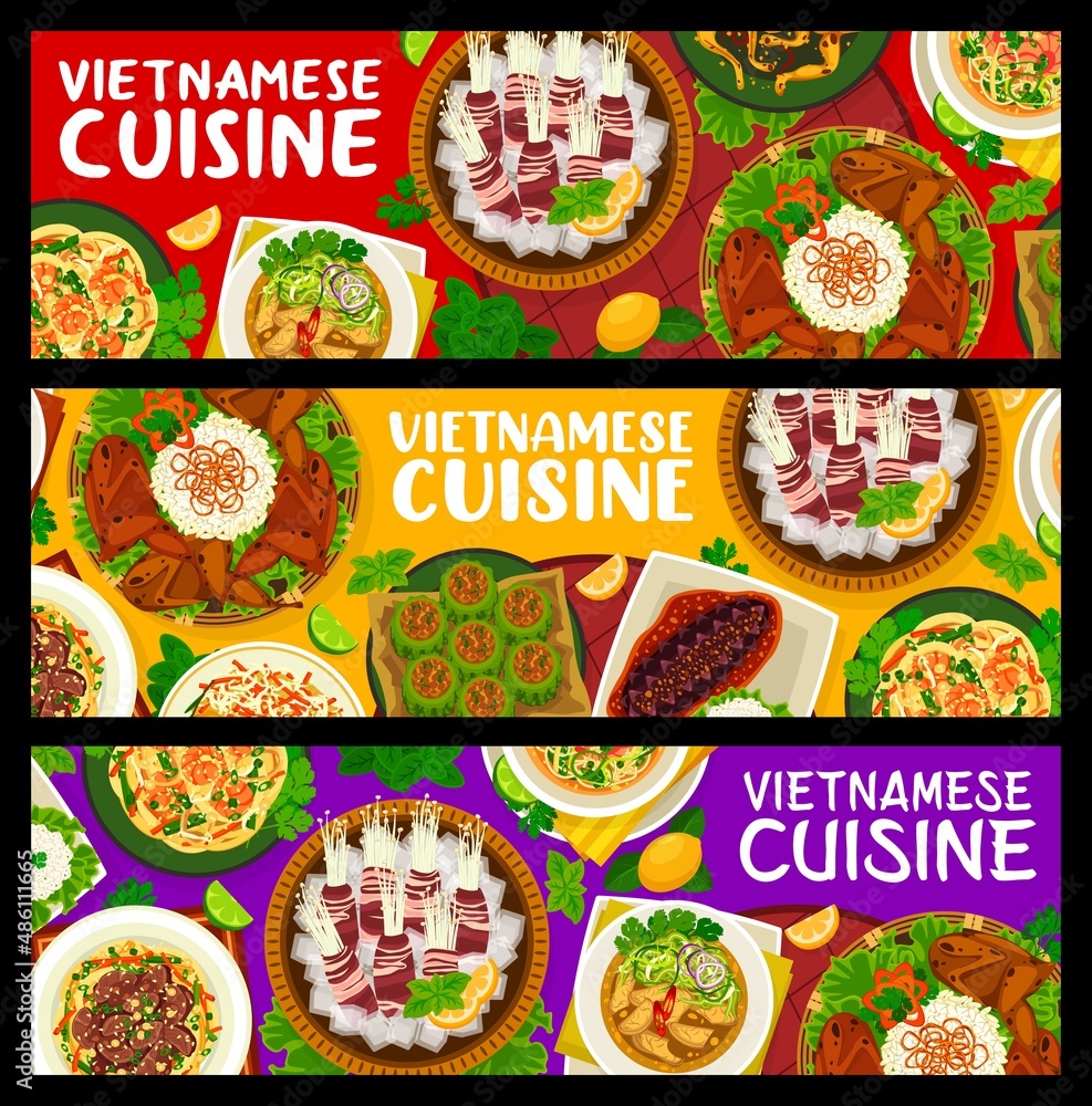 Vietnamese cuisine meals horizontal banners. Grilled quails, seafood ...