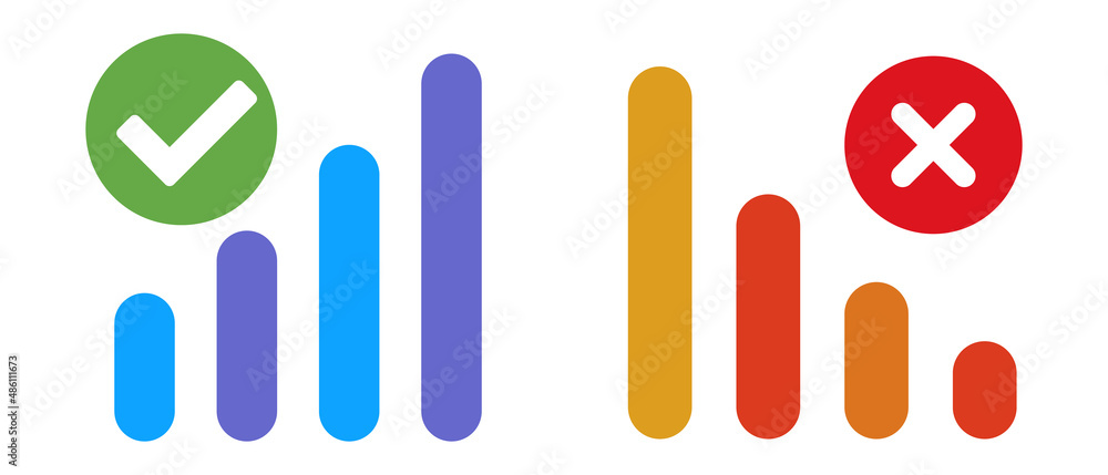 Bar chart with check marks, bar chart with cross marks. Set of graph ...