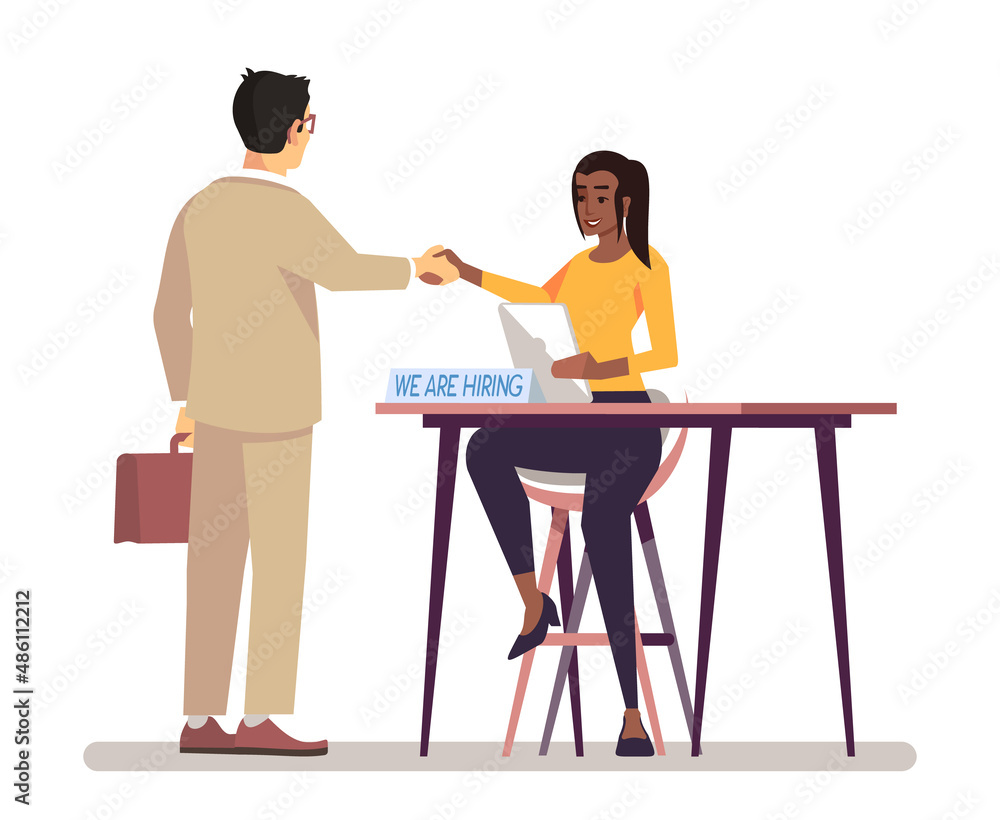 HR staffing agency semi flat RGB color vector illustration. Female hr ...