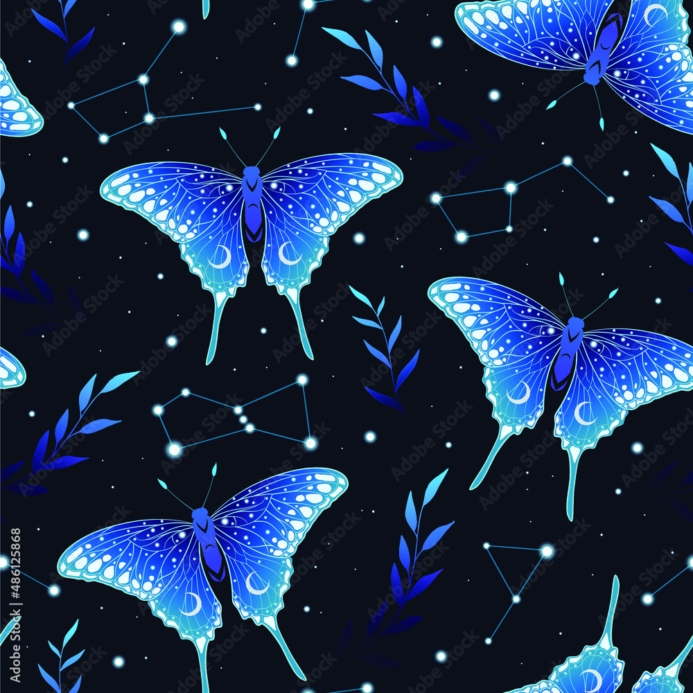 Seamless pattern butterflies in the starry sky. Night butterfly and ...
