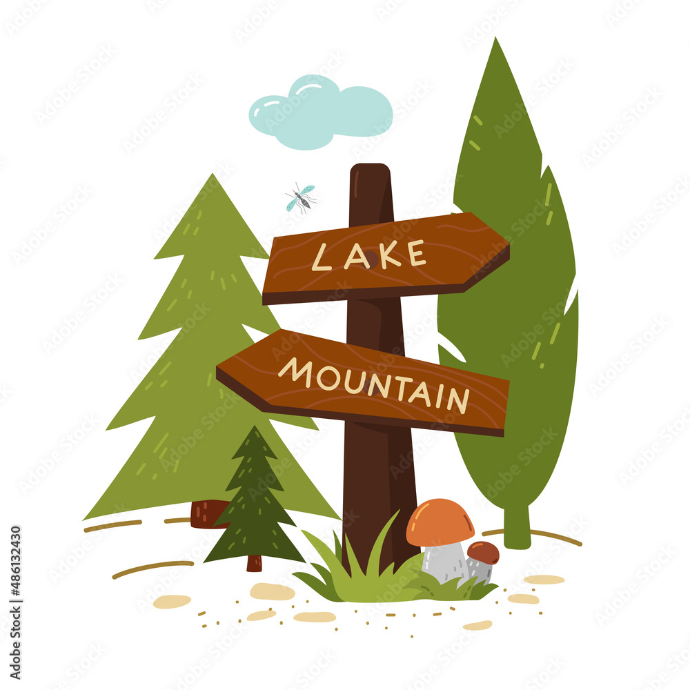 Direction indicator, wooden pole with arrows "Mountain" and "Lake ...