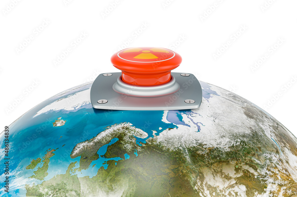 Nuclear red button on the Earth Globe. Global Nuclear Threat concept ...