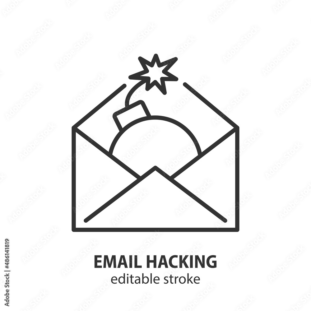 E-mail hacking line icon. Bomb explodes mail sign. Symbol of computer ...