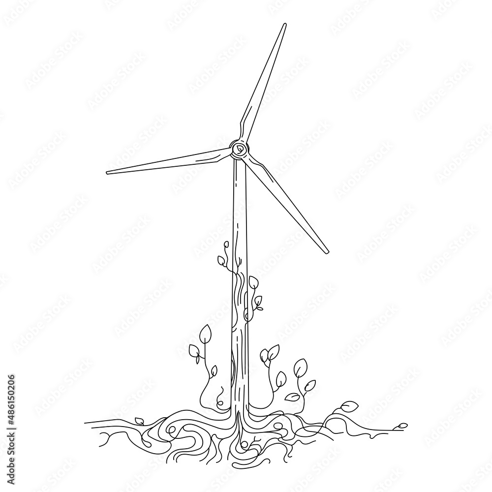 Wind energy in line drawing style.Wind turbine entwined with tree ...