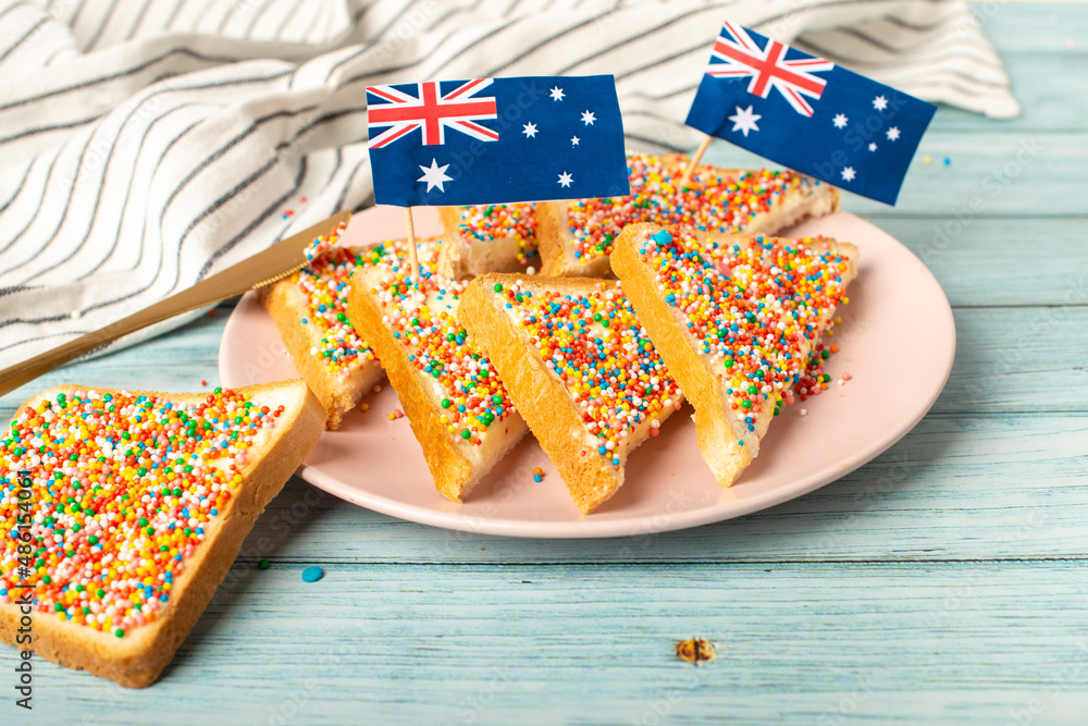 Iconic traditional Australian party food, Fairy Bread, on a red, white ...