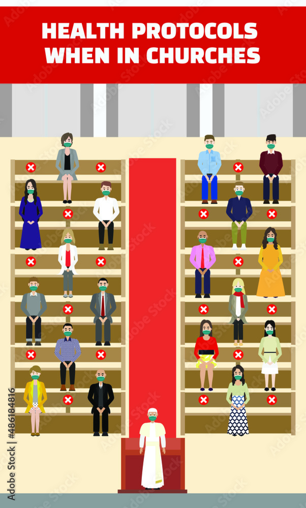 flat vector illustration design of people in churches to prevent covid ...