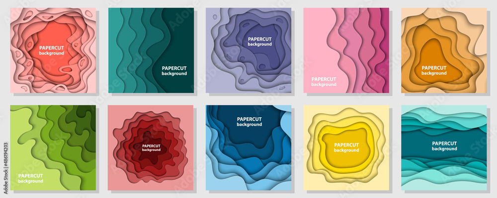 Vector collection of 10 backgrounds with colorful paper cut shapes. 3D ...