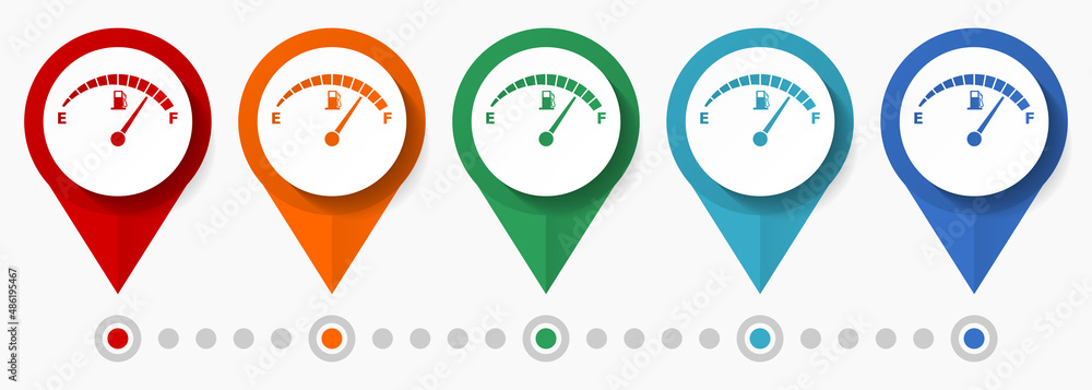 Fuel gauge concept vector icon set, flat design pointers, infographic ...
