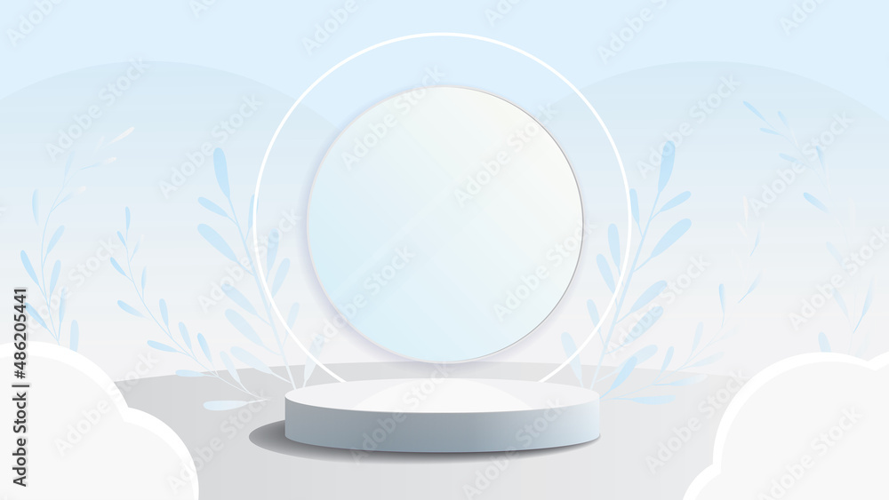White stand with light rim on a light blue background,mock up podium ...