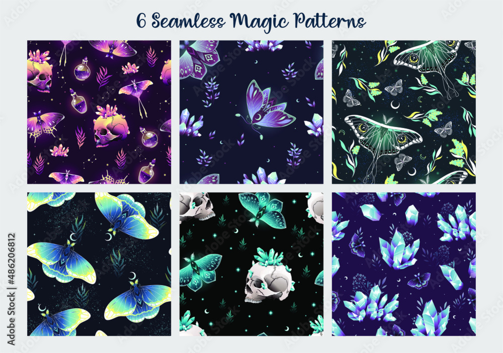 Celestial boho seamless pattern with space, butterfly, moon and stars ...