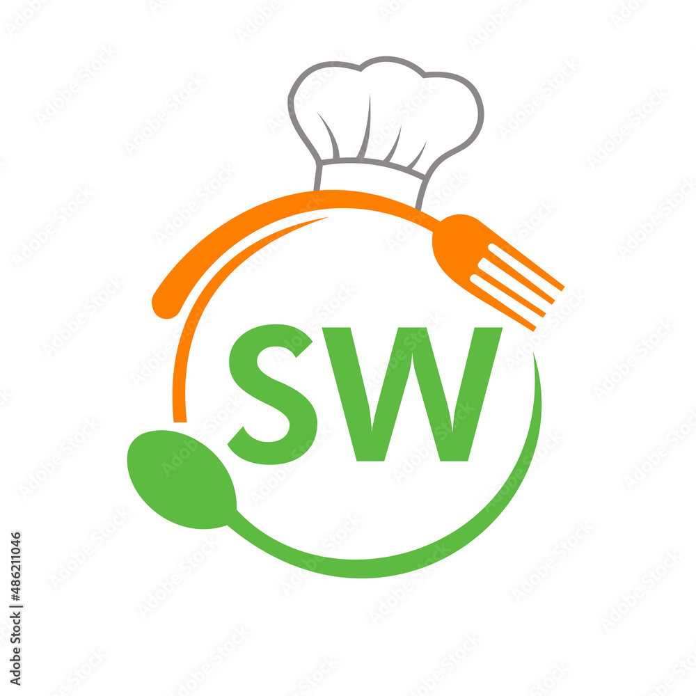 Letter SW Restaurant Logo with Chef Hat Spoon And Fork Template ...