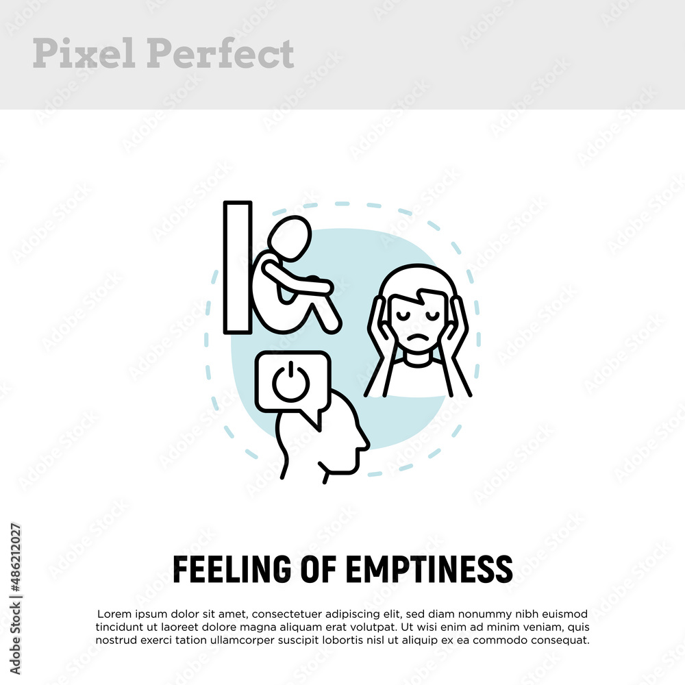 Feeling of emptiness concept with thin line icons, working fatigue, loneliness, tired man, low ...
