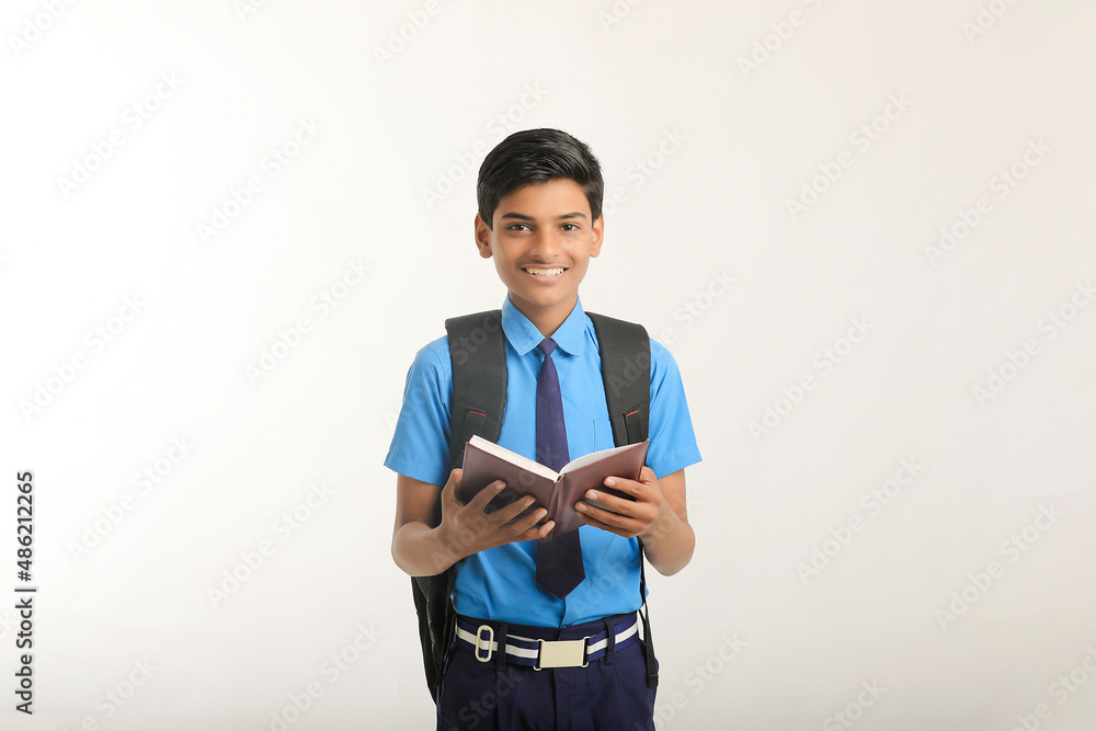 Indian school boy in uniform and reading diary on white background ...