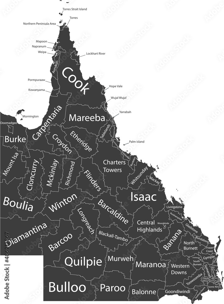 Dark gray flat vector administrative map of local government areas of ...