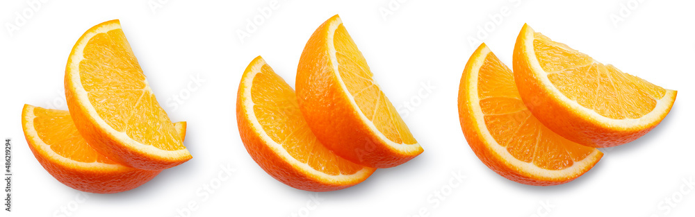 Orange slice isolated top view. Orang cut flat lay on white background ...