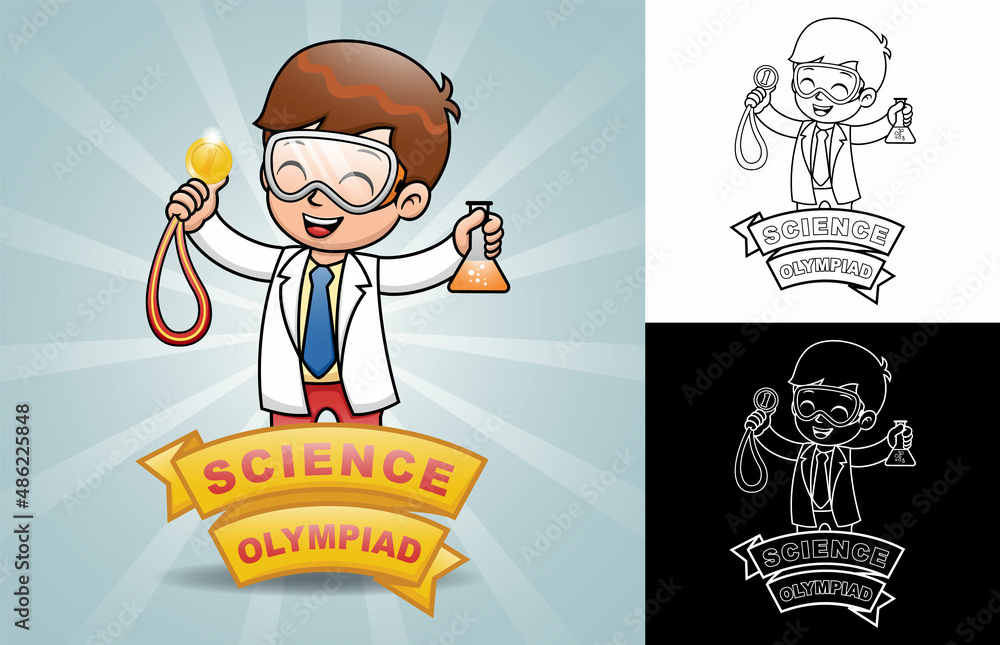 Poster Boy scientist cartoon holding gold medal and beaker at science ...