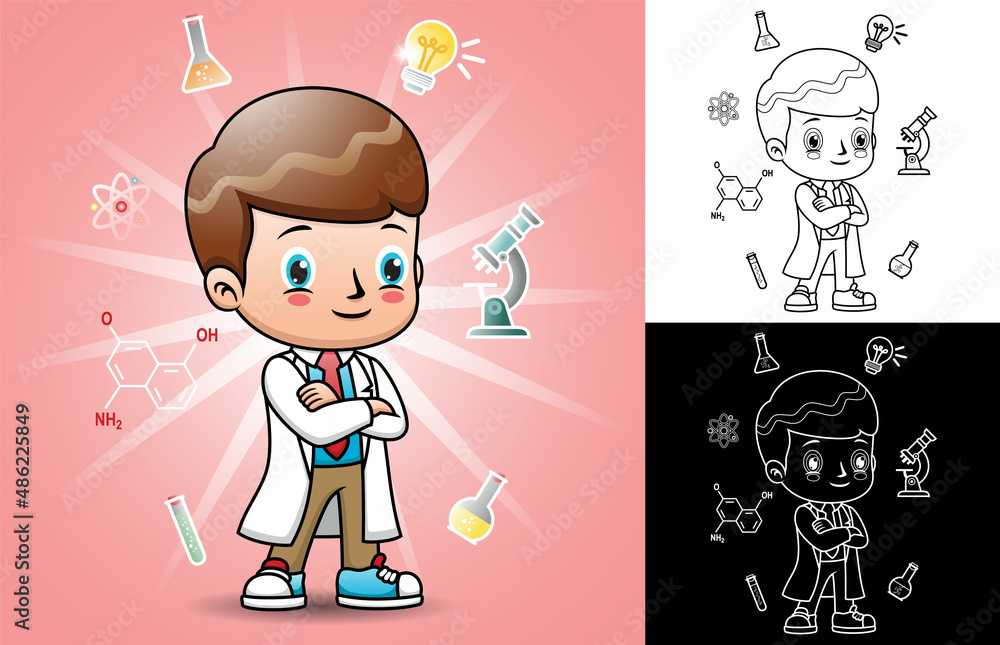 Little scientist cartoon with icon elements of laboratory equipment ...