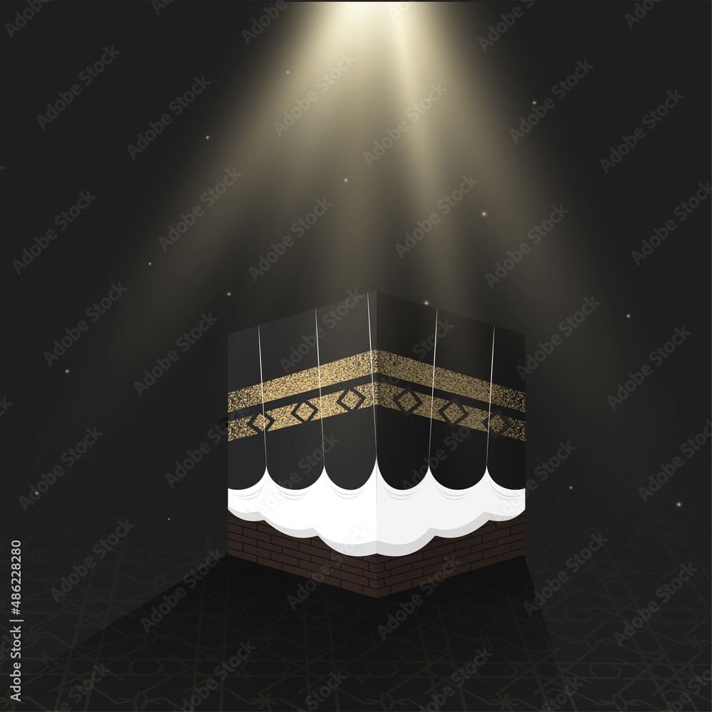 Poster Realistic Mecca Madina Or Kaaba And Light Rays On Black Islamic ...