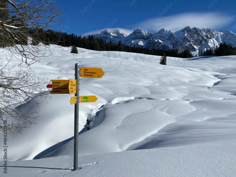 Hiking markings and orientation signs with signposts for navigating in ...