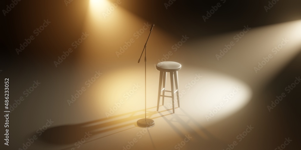 Stage with microphone and empty stool. Empty stage 3d render ...