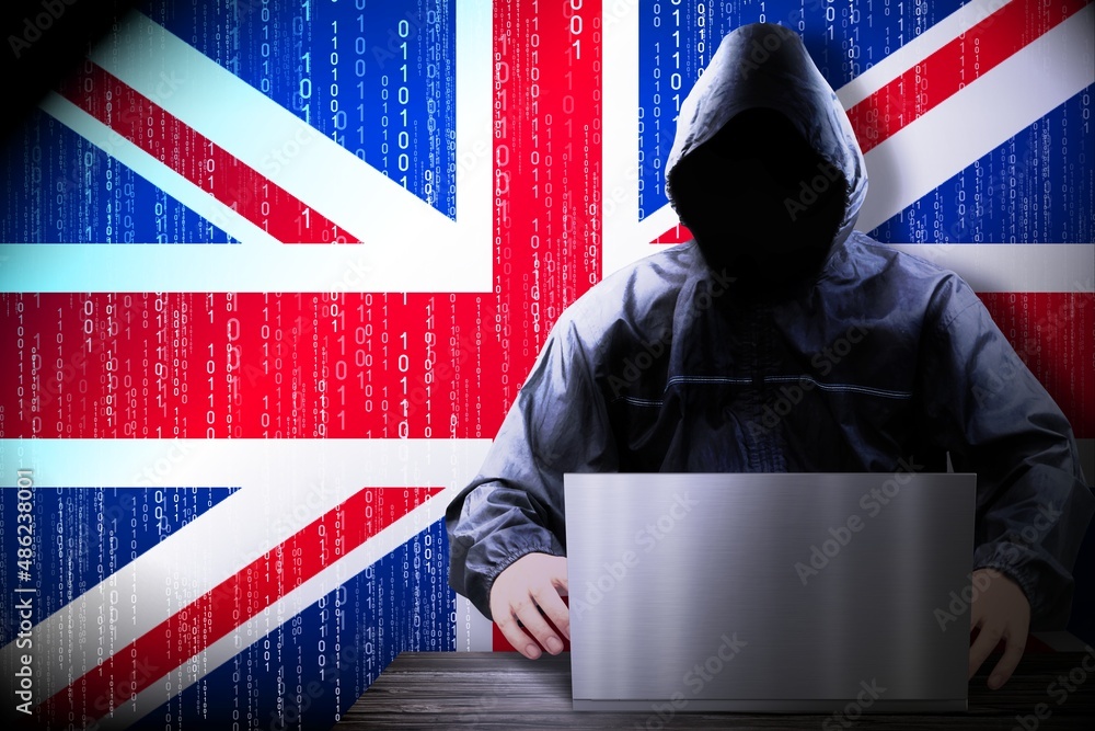 Anonymous hooded hacker, flag of United Kingdom, binary code - cyber ...