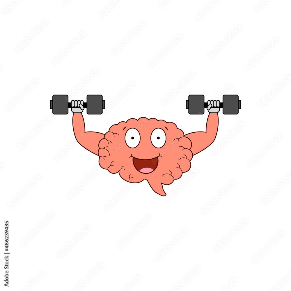 Cute cartoon brain with funny face and a dumbbells. Training for the ...