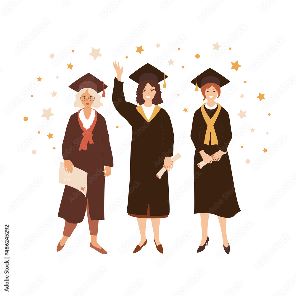 Group of female graduate students. Happy people holding certificates ...