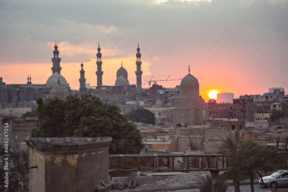 Old Cairo skyline at sunset, view of old and Coptic Cairo from the ...