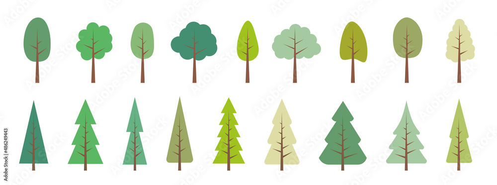 TREES. Vector set of flat trees, fores. Collection elements, various green trees. Nature design ...