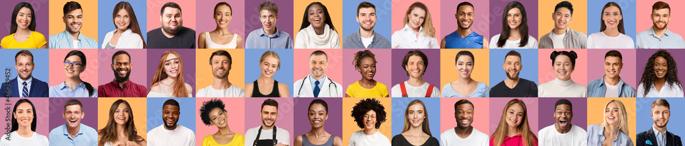 Portraits of multiracial middle-aged and millennial people cheerfully ...