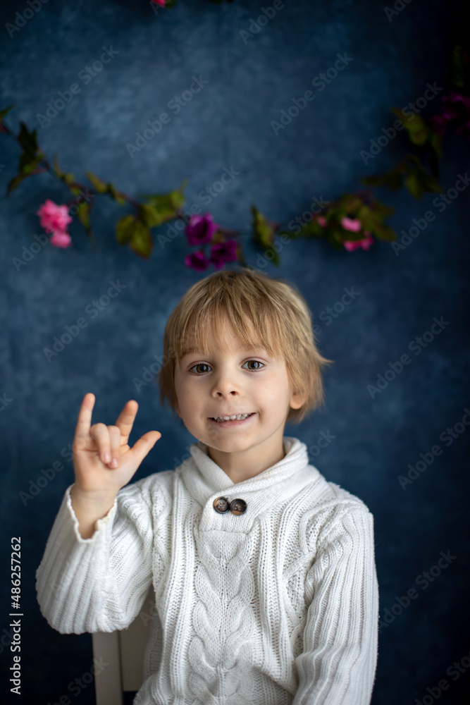 Cute little toddler boy, showing I LOVE YOU gesture in sign language on ...