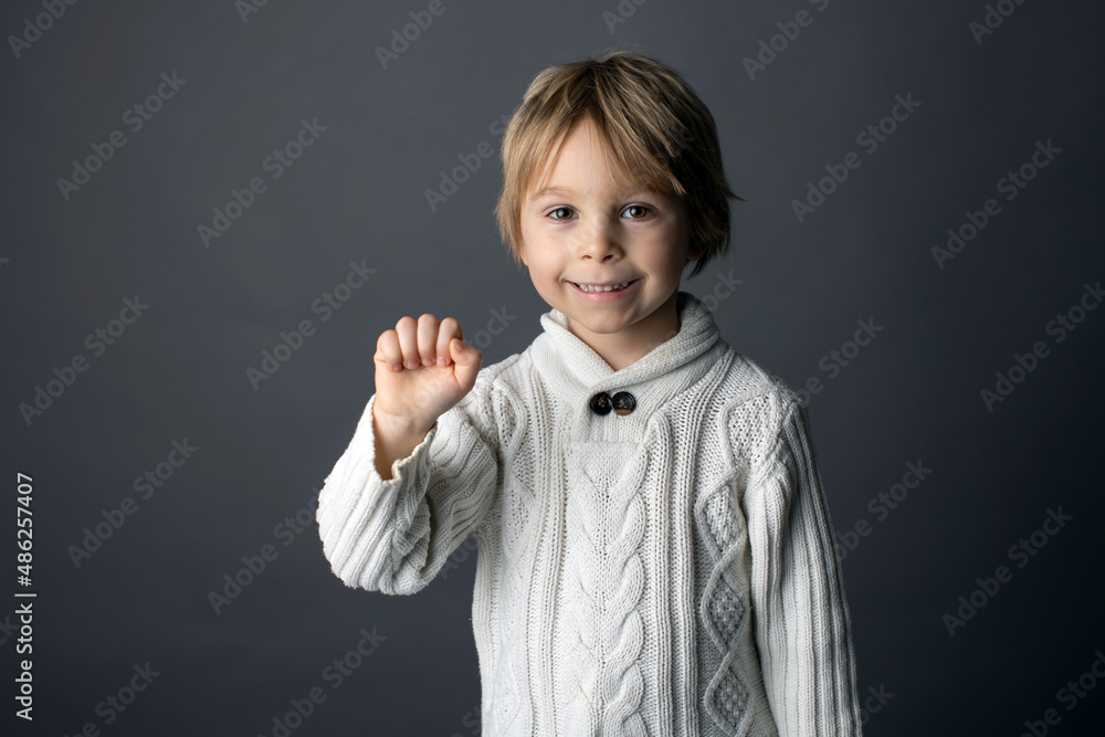 Cute little toddler boy, showing YES gesture in sign language on gray ...