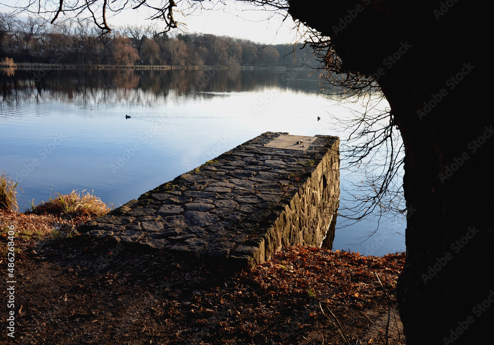 pond sluice, water reservoirs with regulation and concrete dam shaft ...