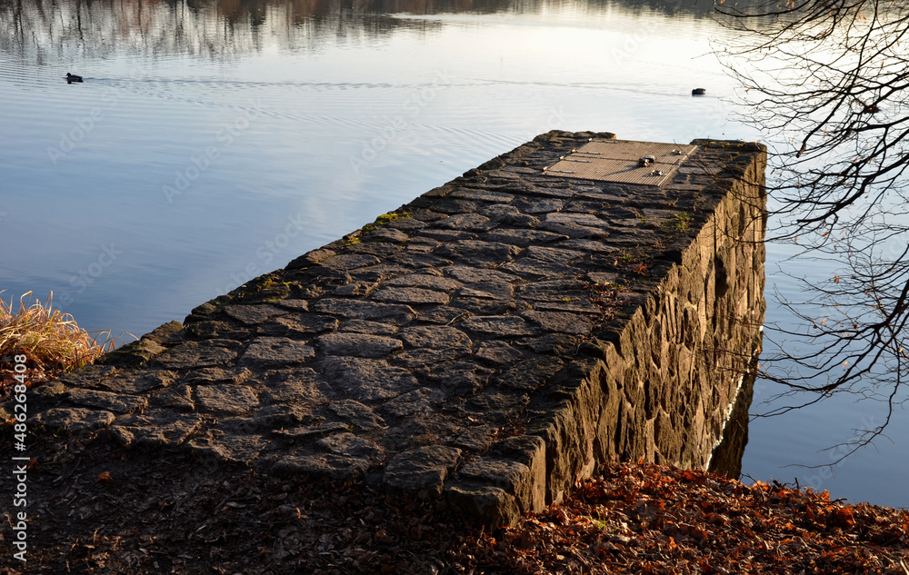 pond sluice, water reservoirs with regulation and concrete dam shaft ...