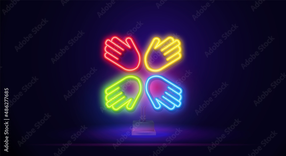 Four open palm gesture neon sign. High five neon sign. Glowing neon two ...