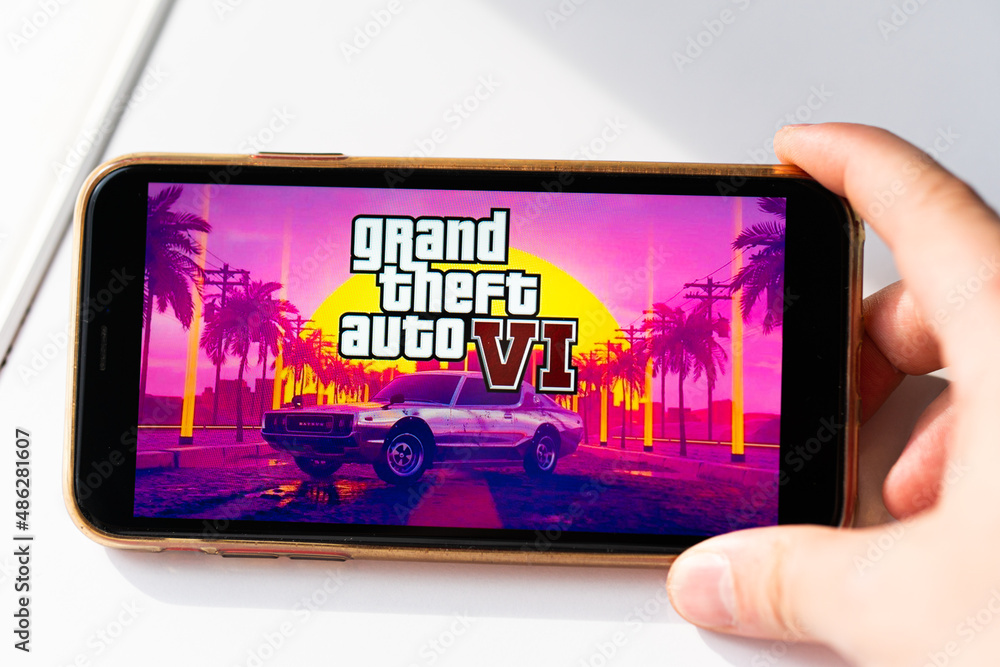 Grand Theft Auto 6 logo on smartphone screen. GTA 6 is a multi-platform ...
