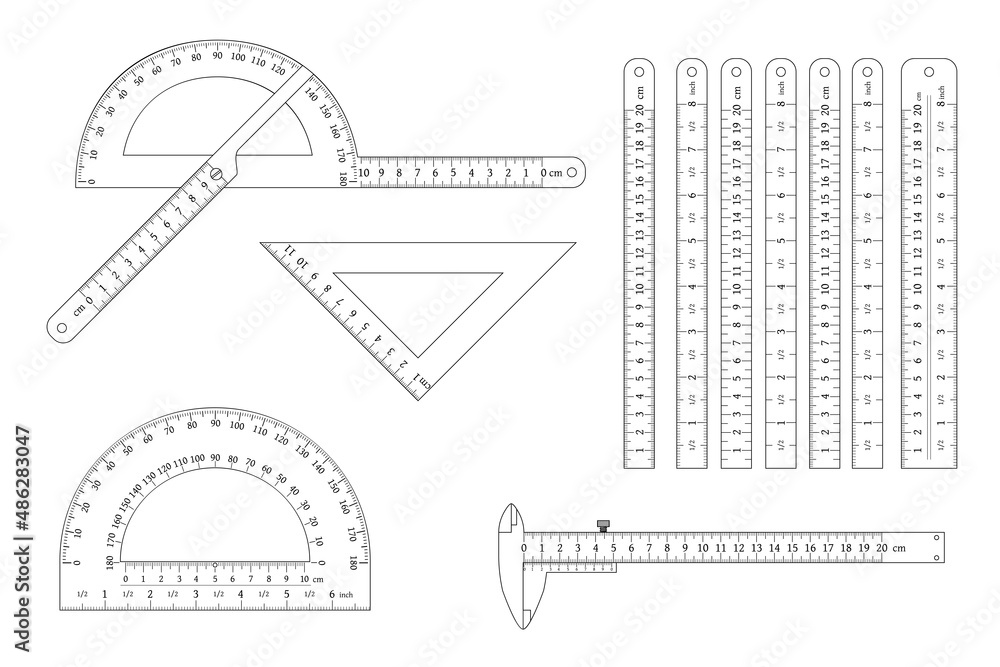 protractor, ruler straight and angular, vernier caliper outline set ...