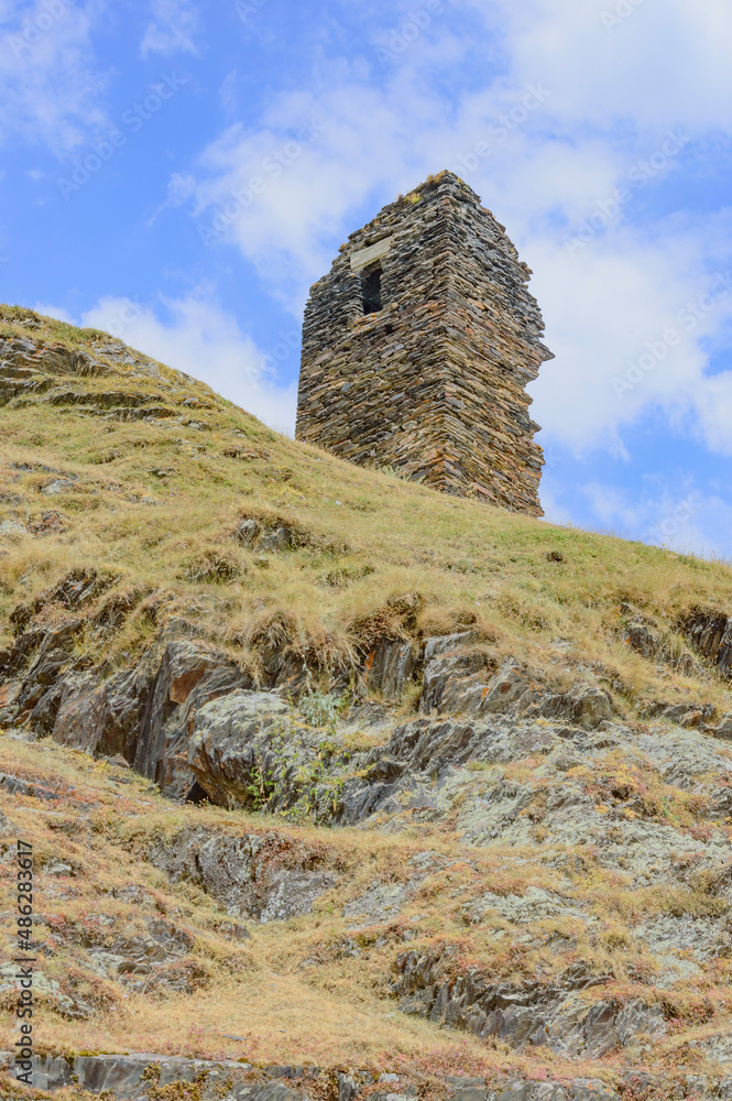 Ruined tower of queen`s Tamara castle in Ushguli medieval fortified ...