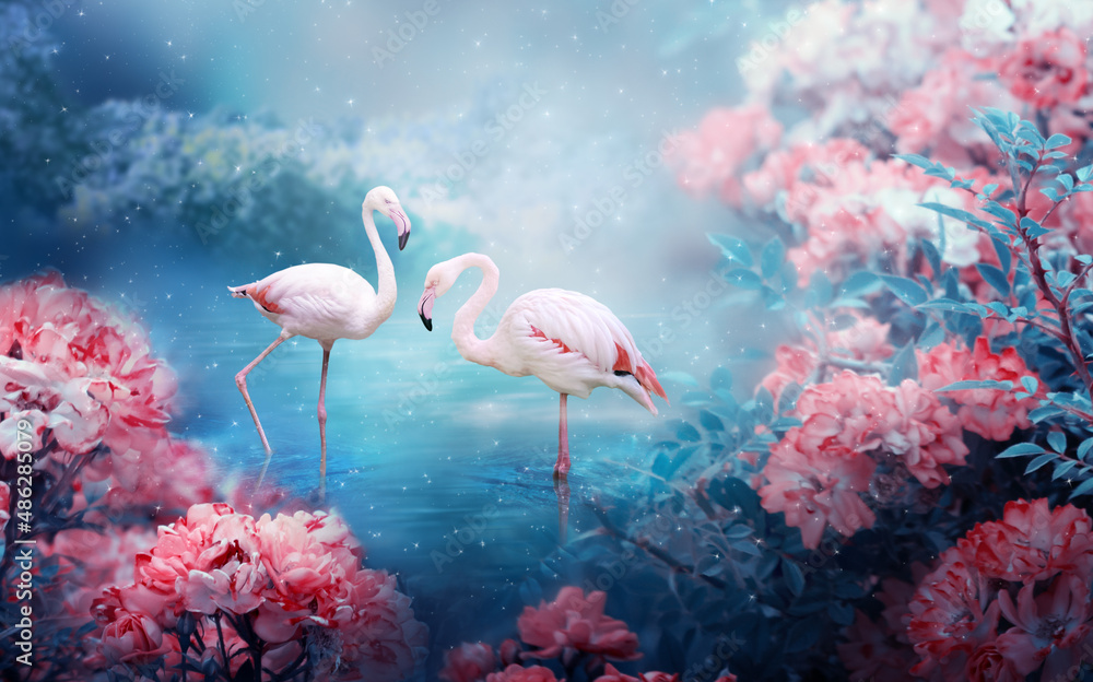 Two flamingos couple standing in lake, fantasy magical enchanted fairy ...