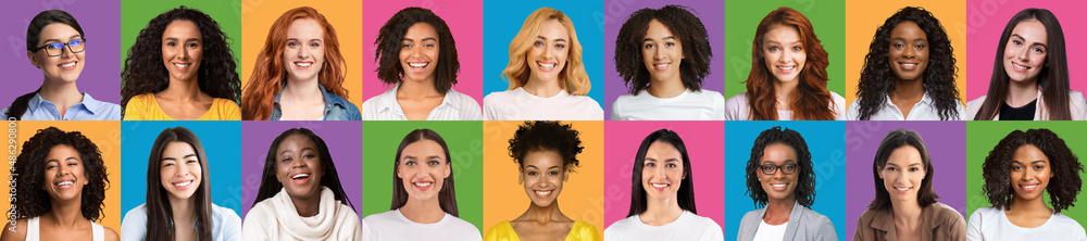 Collage of face portraits of beautiful diverse young women, posing on ...
