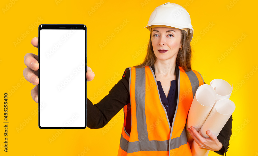 Builder phone. Mock up for construction ads on your phone. Woman ...