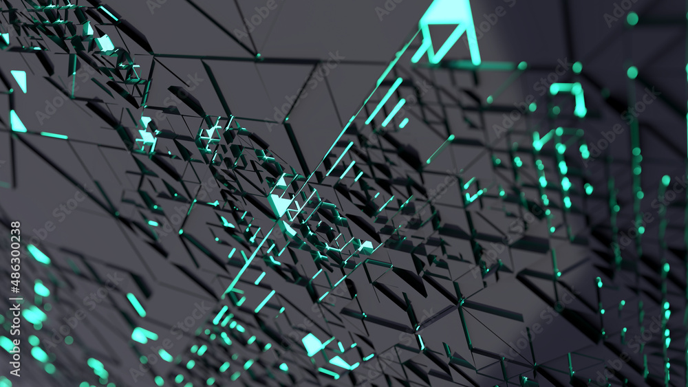 Abstract digital background with green neon light and depth-of-field ...