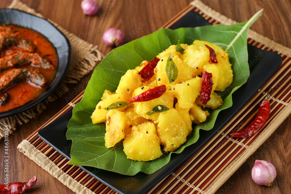 Cooked tapioca or Cassava root Mandioca Aipim Kappa Indian food serving ...