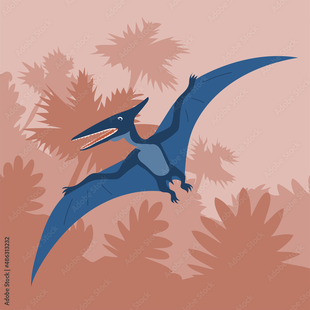 The ancient lizard pteranodon flies on the background of the forest ...