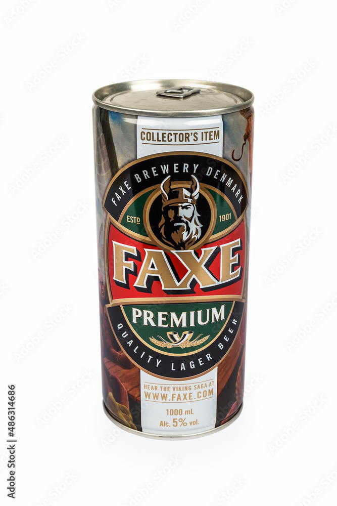 Can of Faxe Premium beer, isolated on white background Stock Photo ...