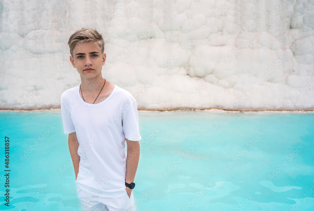 Handsome teenager guy 15 -18 years old in a hot spring in Pamukkale ...