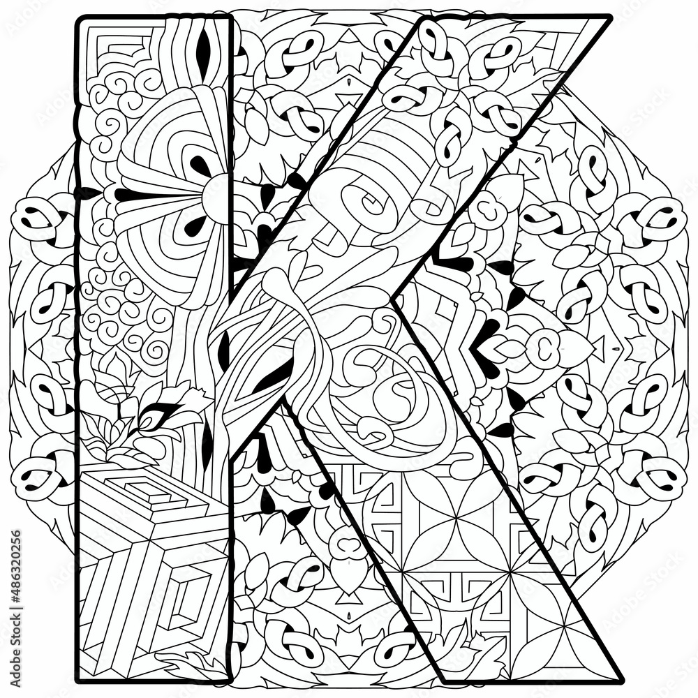 Letter K monogram, engraving design on mandala for coloring. Vector ...