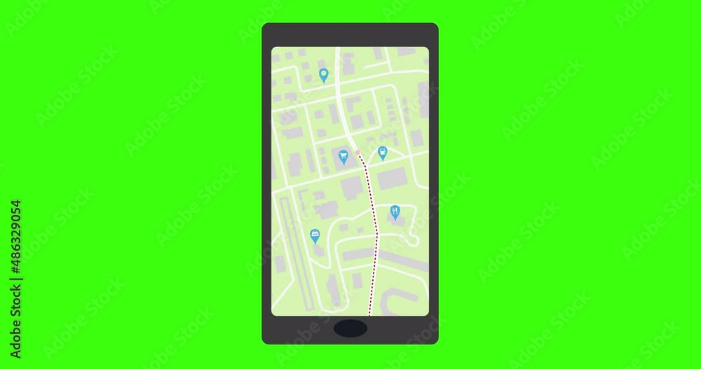 2D Animated GPS map in smartphone. Map marker movement. Searching ...