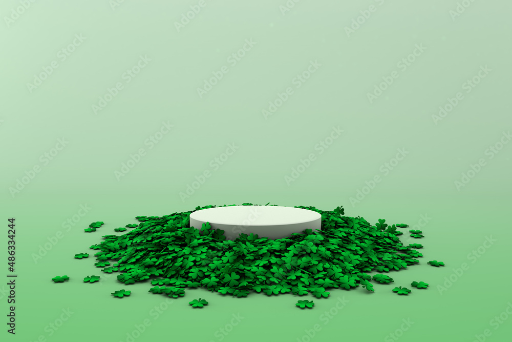Mockup of round podium on green background with shamrock leaves. Scene ...